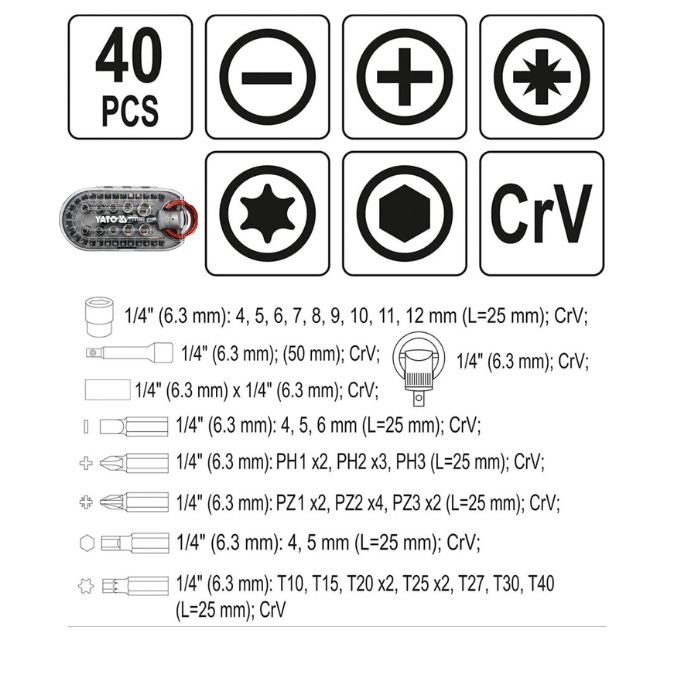 Bộ mũi vít đầu khẩu tay vặn 40 chi tiết Yato YT-27960 | Yato Tools